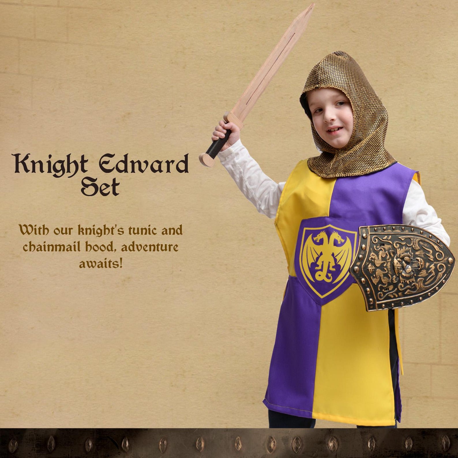 Knight Costume Edward – Yellow and Purple Tunic With Gold Dragon Print ...