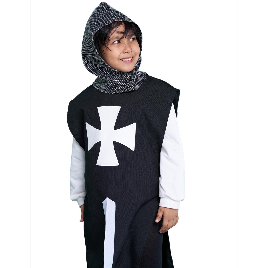 KIDS TEMPLAR TUNIC Black With White Cross - Knights Crusader Tunic With ...
