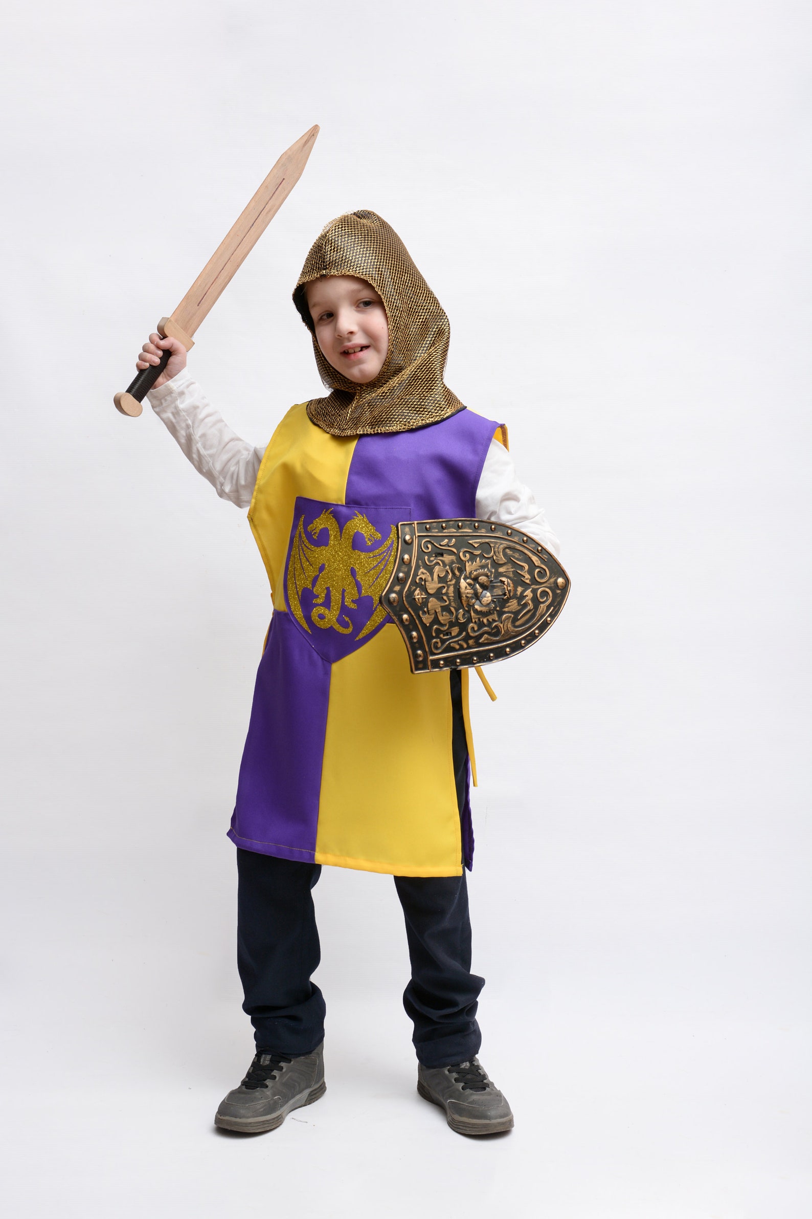Knight Costume Edward – Yellow and Purple Tunic With Gold Dragon Print ...