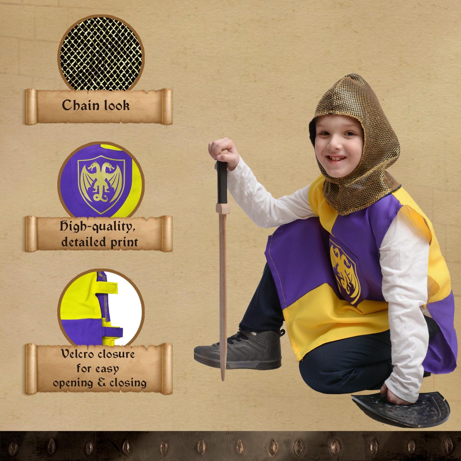 Knight Costume Edward – Yellow and Purple Tunic With Gold Dragon Print ...