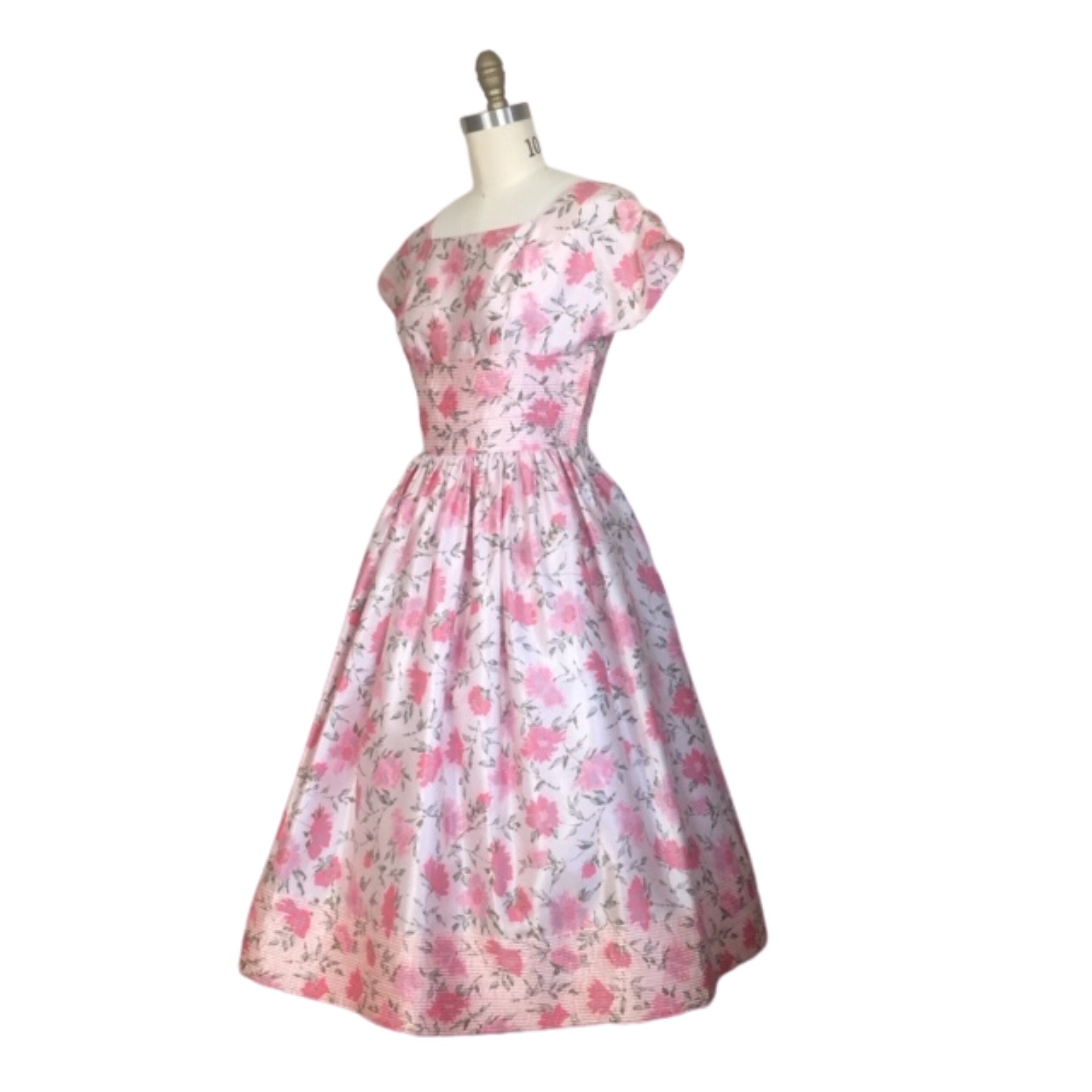 1950s Pink Dress Vintage 50s Vicky Vaughn Pink Floral Ribbed Waist ...