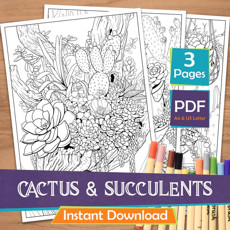 Printable Adult Colouring Pages Cactus & Succulents | Etsy