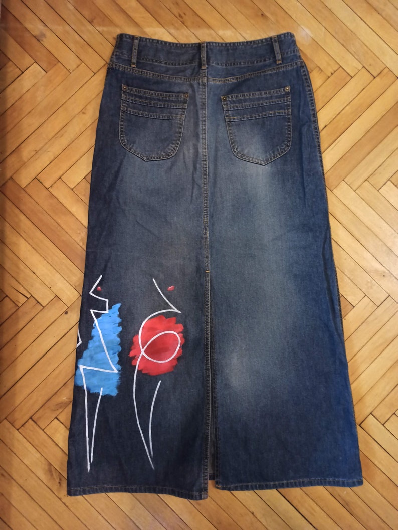 HAND PAINTED Abstract Denim Skirt Size 10, Personalized Jeans ...