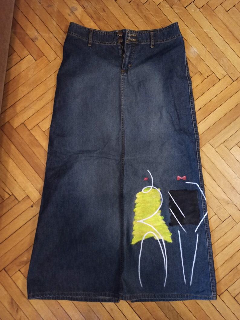 HAND PAINTED Abstract Denim Skirt Size 10, Personalized Jeans ...