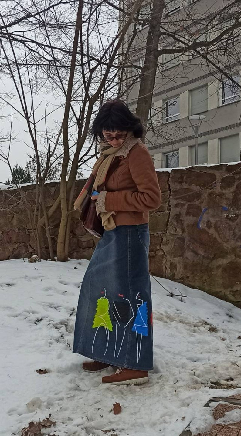 HAND PAINTED Abstract Denim Skirt Size 10, Personalized Jeans ...