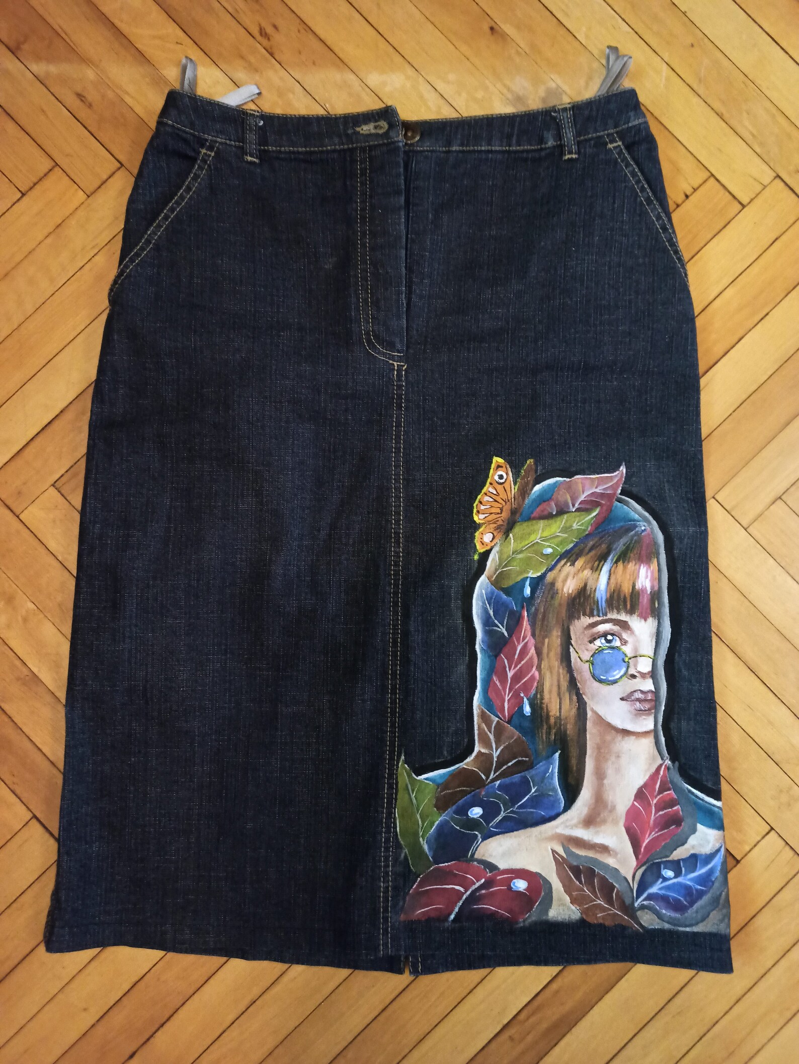 HAND PAINTED Abstract Denim Skirt Size 10, Personalized Jeans ...