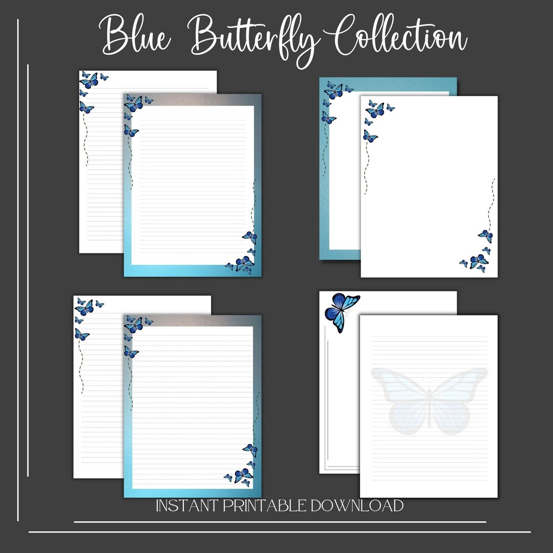 Printable Stationery Set Blue Butterfly 8.5x11 Digital Paper INSTANT ...