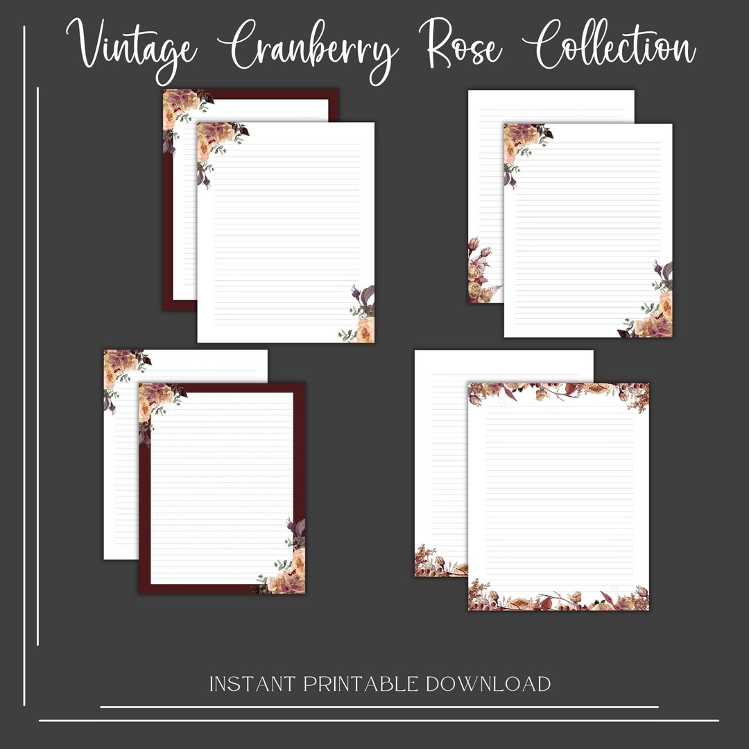 Vintage Cranberry Rose Printable Stationery Collection, 8.5x11 Digital ...