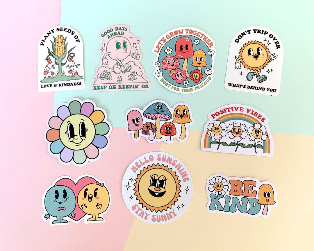 Retro Sticker Pack of 10, Cute Stickers, Positive Quote Stickers, Retro ...