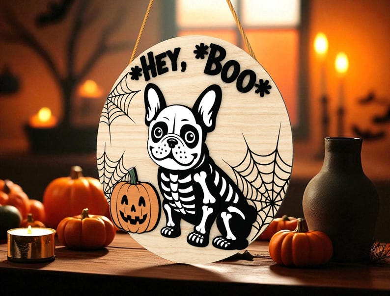 Hey Boo Dog Skeleton Door Hanger SVG, Halloween Bulldog Sign SVG, Cute ...