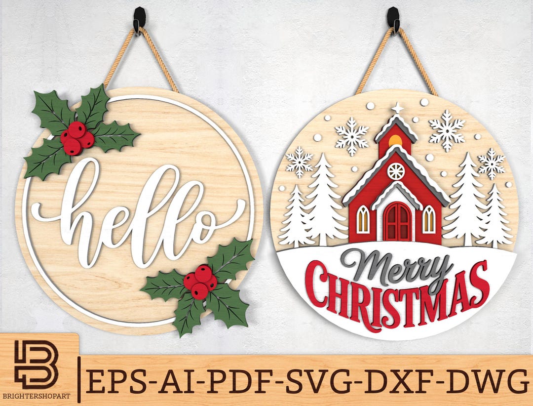 Christmas Round Sign Svg Hello Holly Wreath Merry Christmas Church
