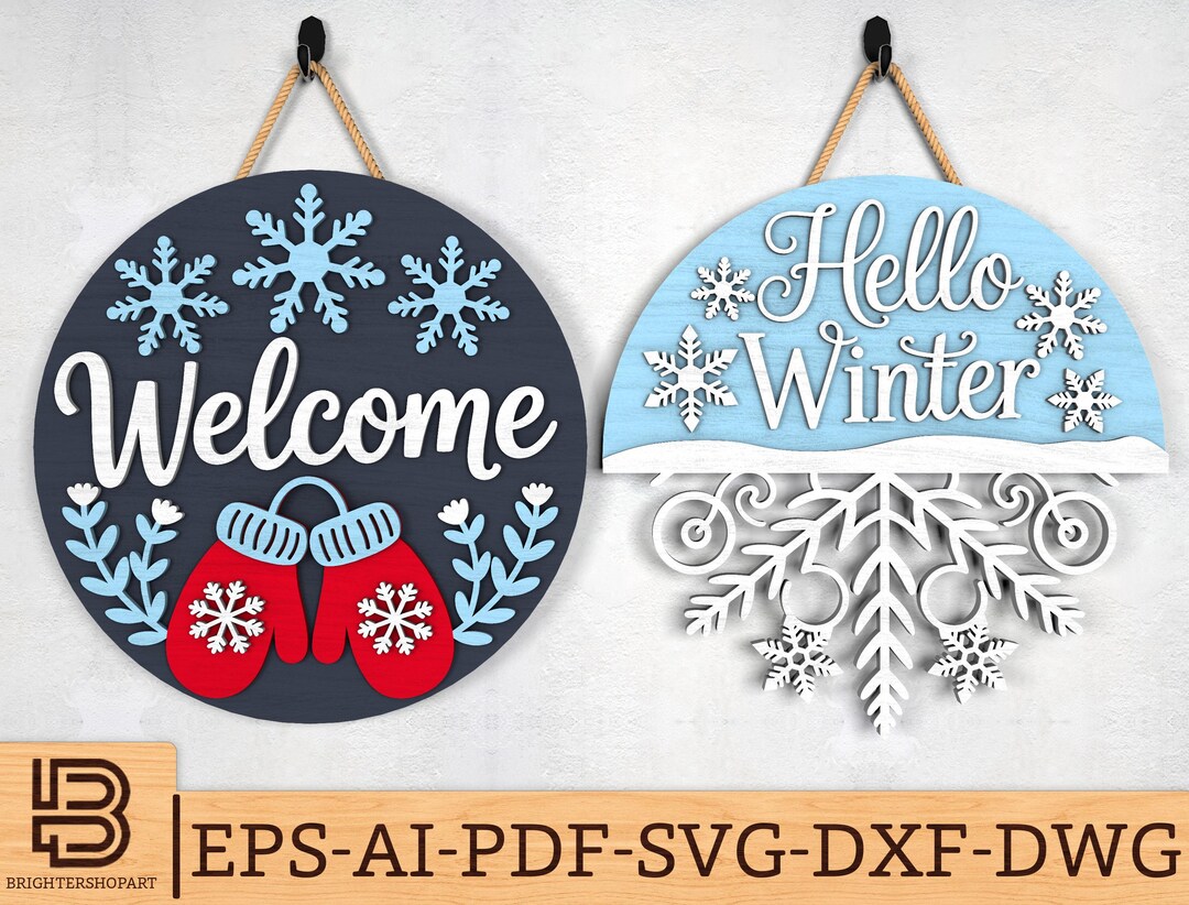Winter Door Sign SVG Bundle, Hello Winter Hanging Snowflake & Welcome ...