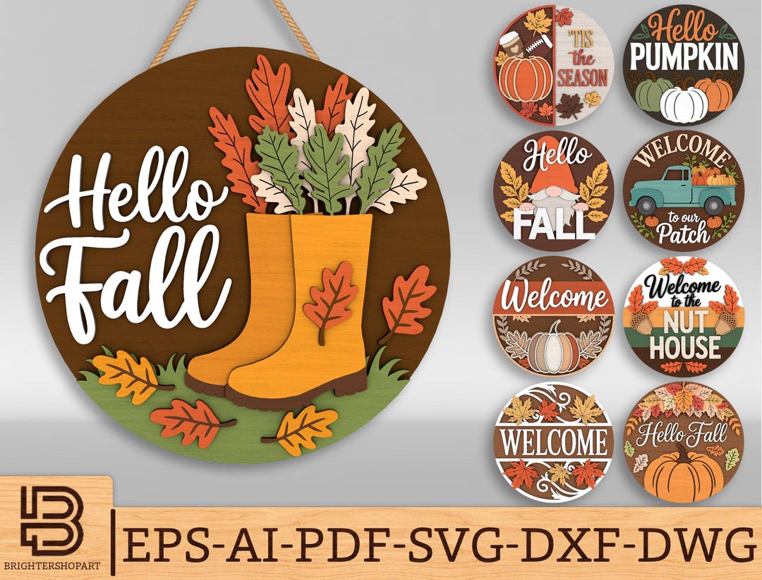 Fall Door Hanger SVG Bundle, Hello Fall Porch Decor, Rustic Autumn ...