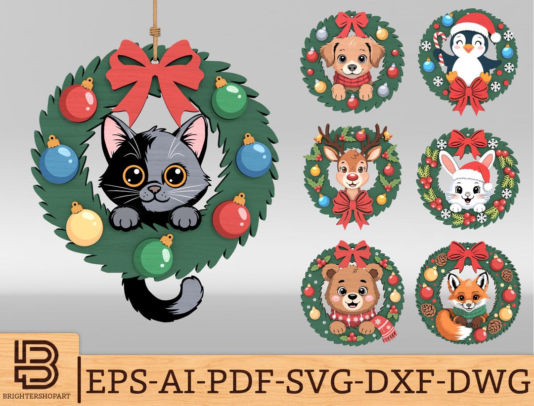 Christmas Wreath Animal Ornament SVG Bundle, Christmas Cute Cat Dog ...