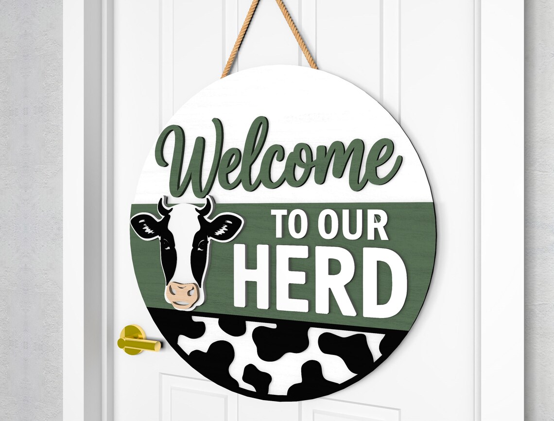 Welcome Farm Animal Door Sign SVG, Cow Herd Barn Door Hanger Laser Cut ...