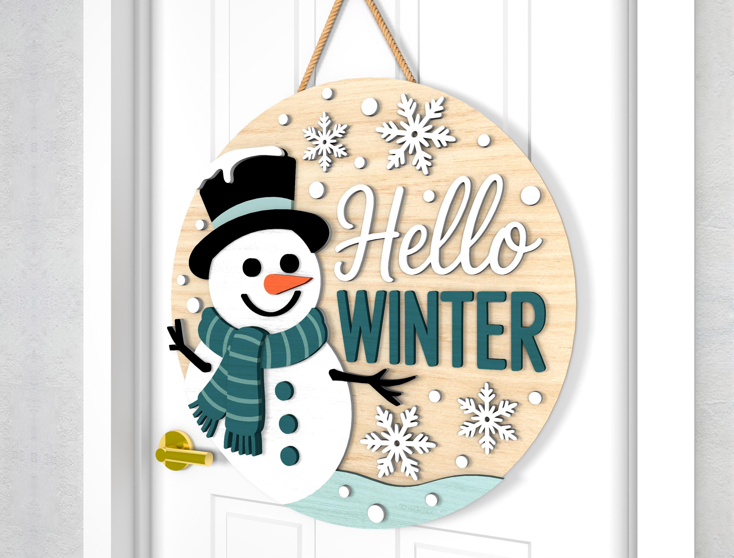 Hello Winter Door Sign Svg Bundle, Winter Gnome and Snowman Round Sign ...