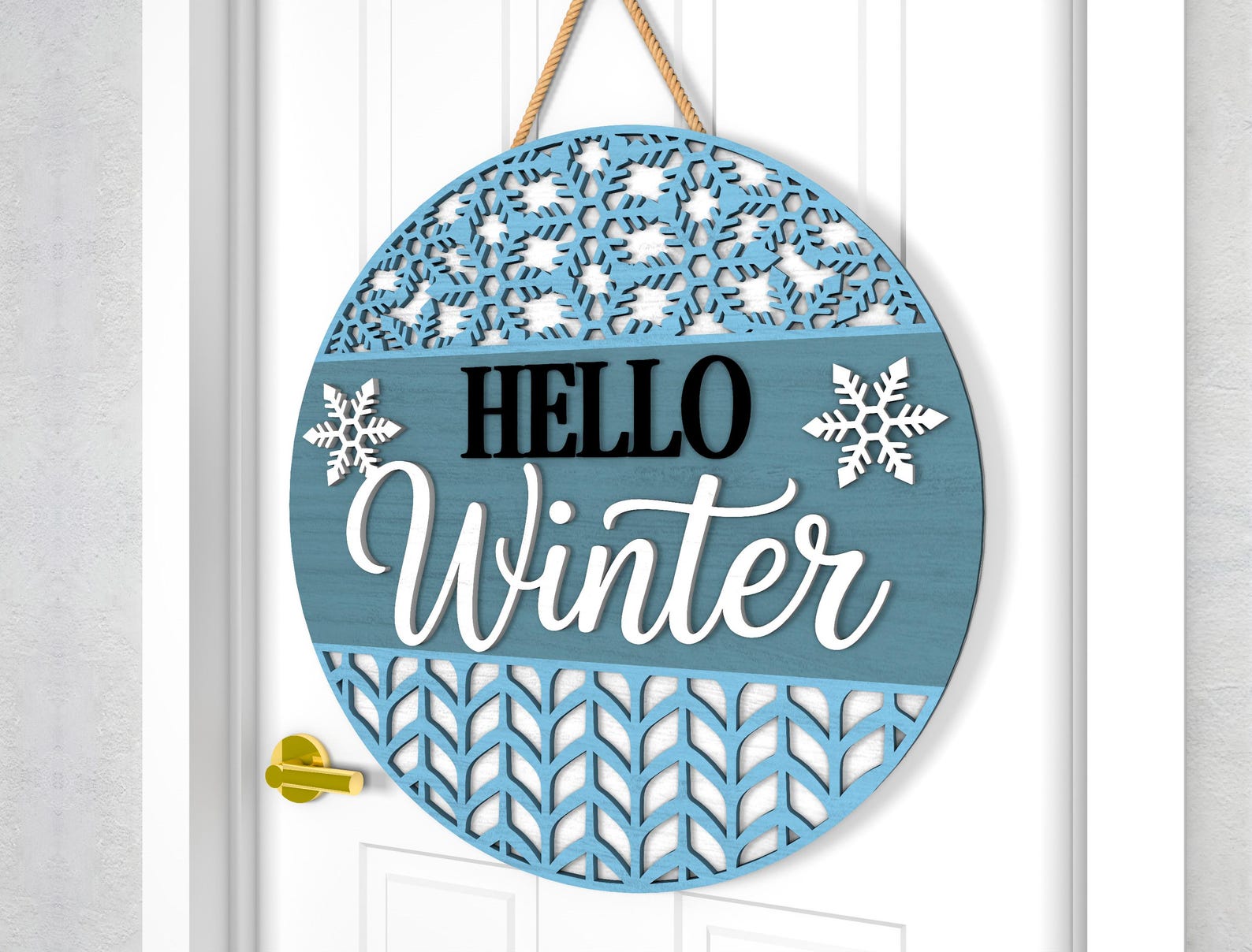 Let It Snow and Hello Winter Door Sign Svg, Snowman and Snowflake Round ...