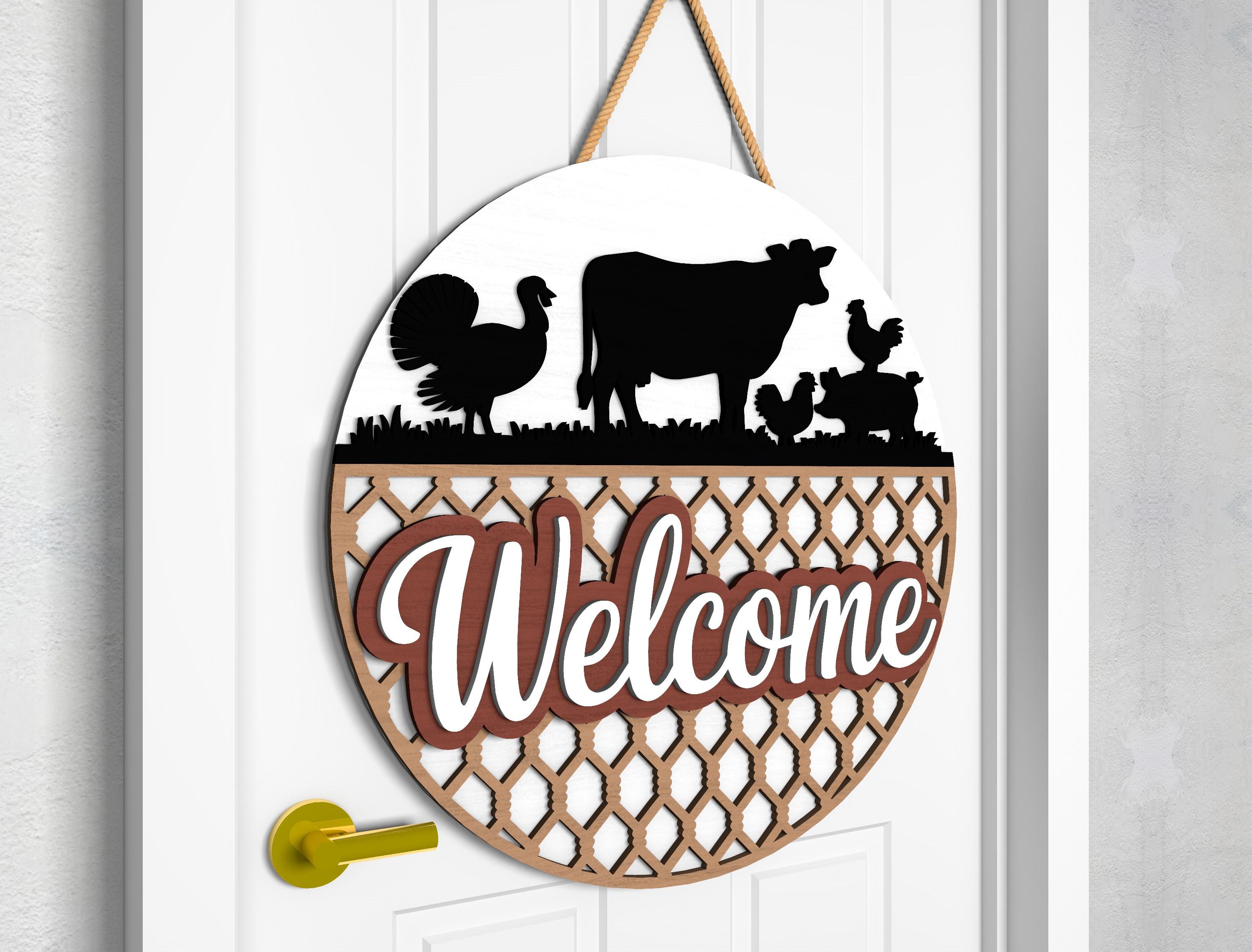 Welcome Farm Animal Door Sign SVG, Cow Herd Barn Door Hanger Laser Cut ...