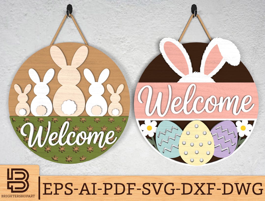 Easter Door Hanger SVG Bundle, Welcome Bunny Ears Egg Pattern & Bunnies ...