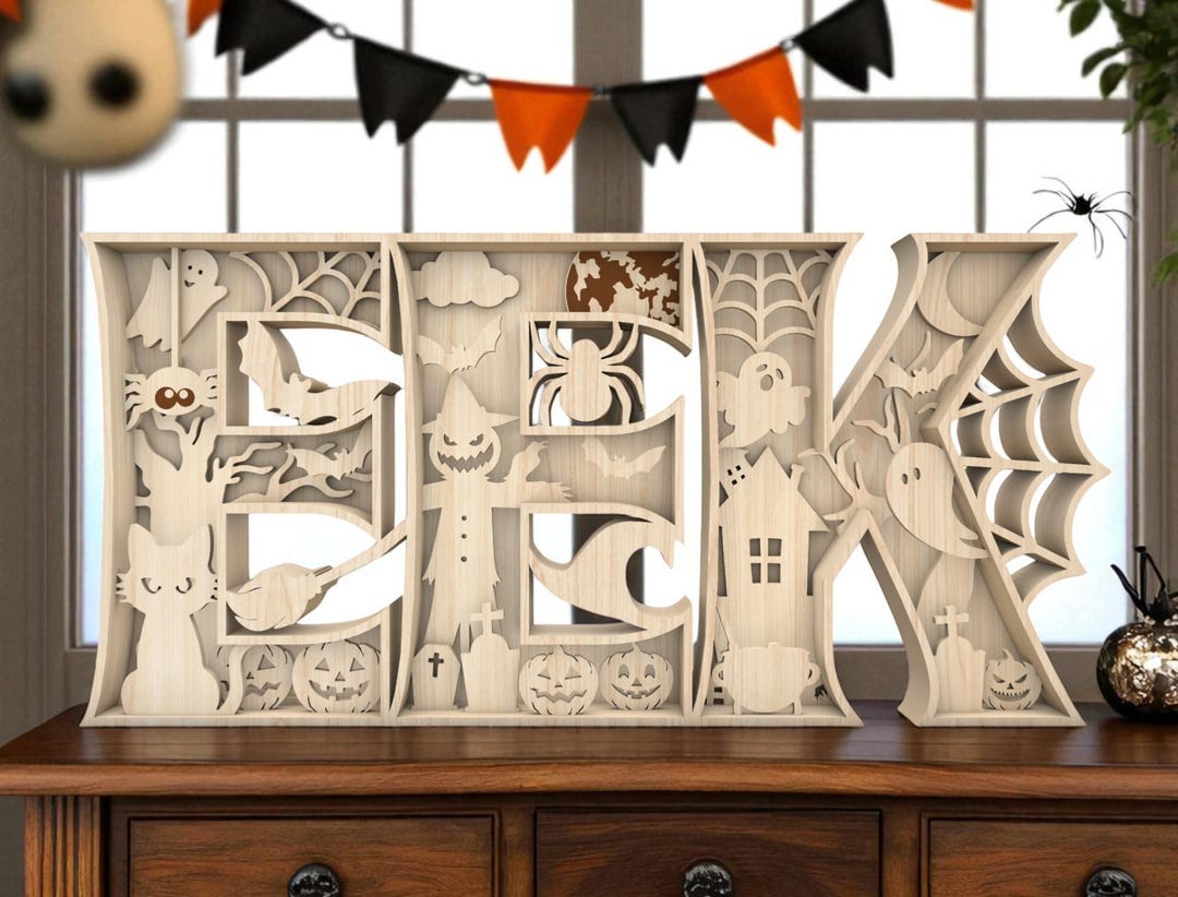 Halloween EEK Sign Laser Cutfile, Layered Wooden Letters With Ghosts ...