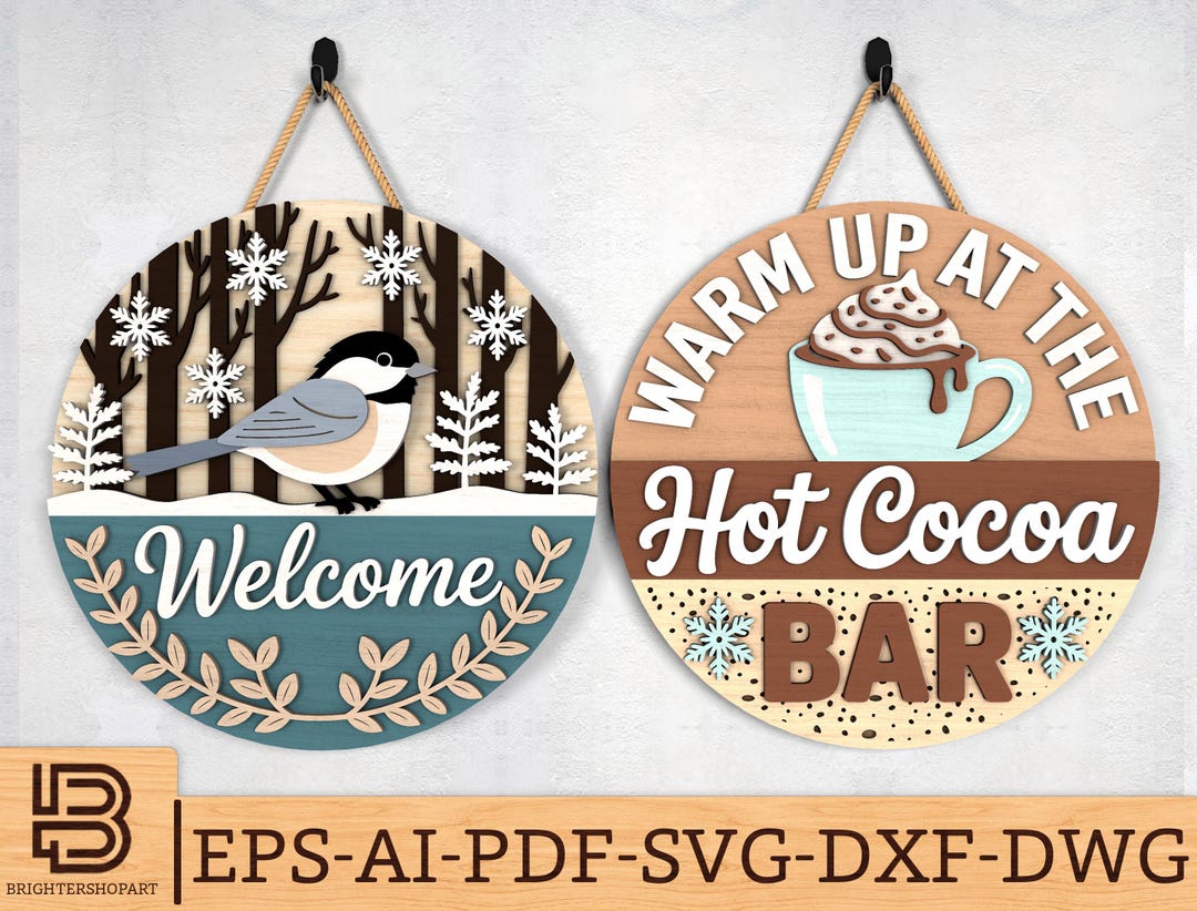 Winter Round Sign SVG Bundle, Chickadee Forest Welcome & Hot Cocoa Bar ...