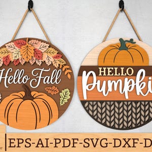 Hello Fall Hello Pumpkin Sign SVG Bundle, Autumn Round Door Sign Laser ...