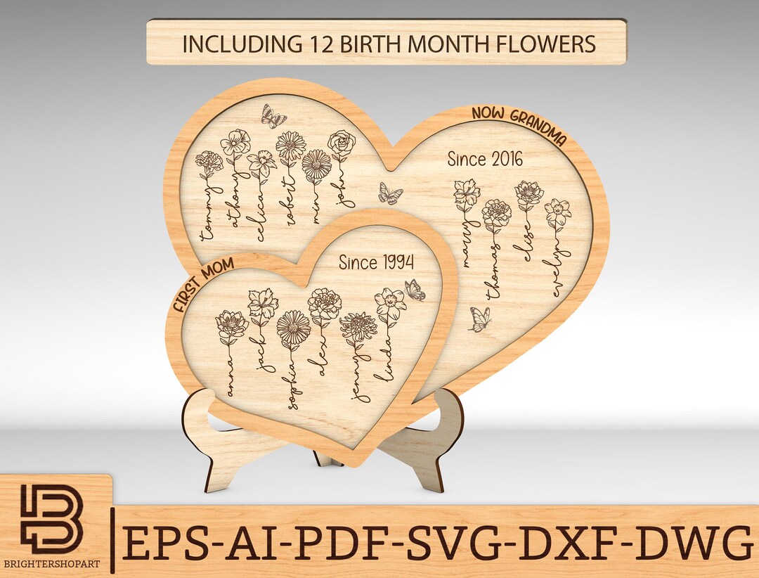 Personalized Birth Month Flowers Double Heart Sign SVG, First Mom Now ...
