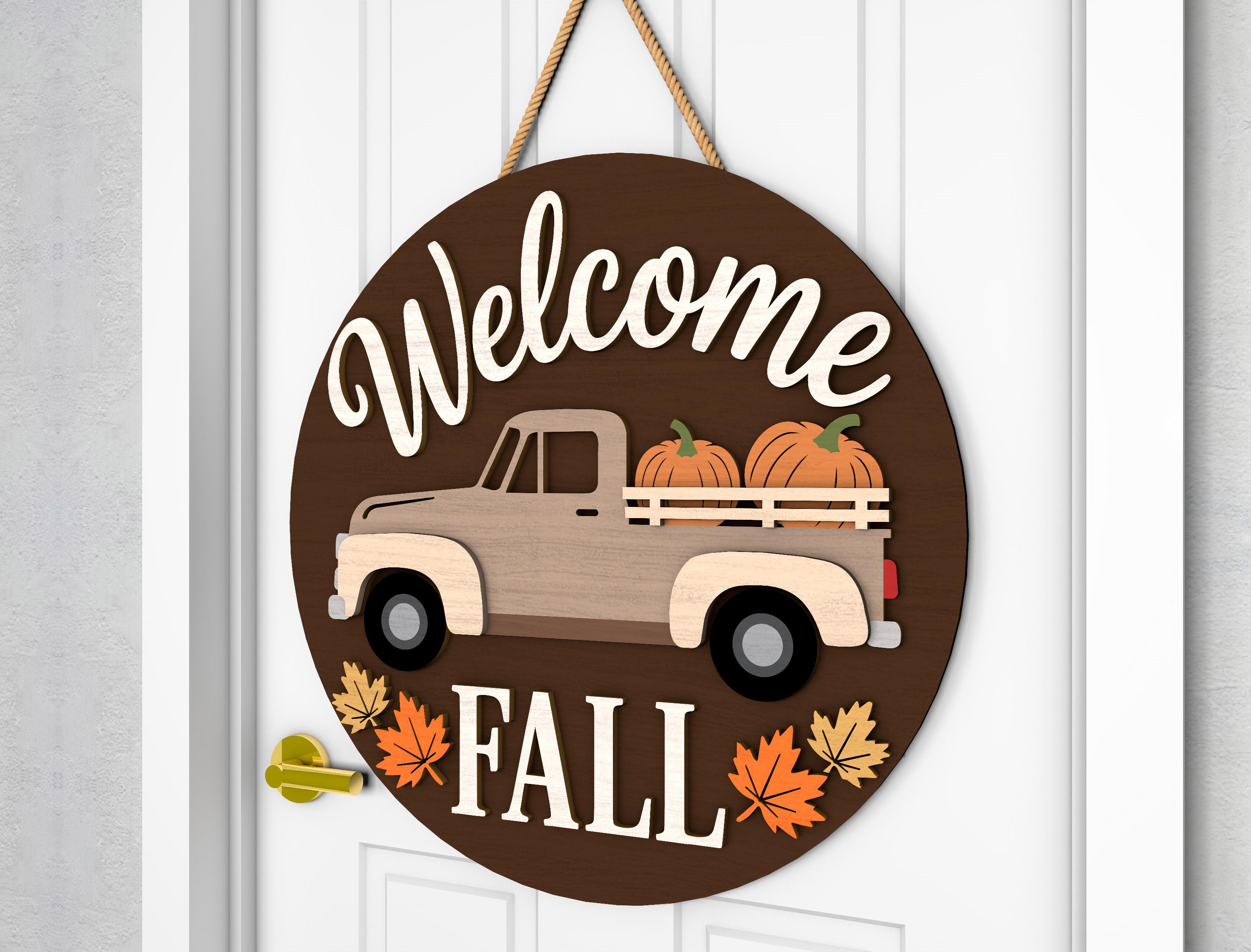 Fall Door Sign SVG Bundle, Happy Fall Y'all Scarecrow & Truck Welcome ...