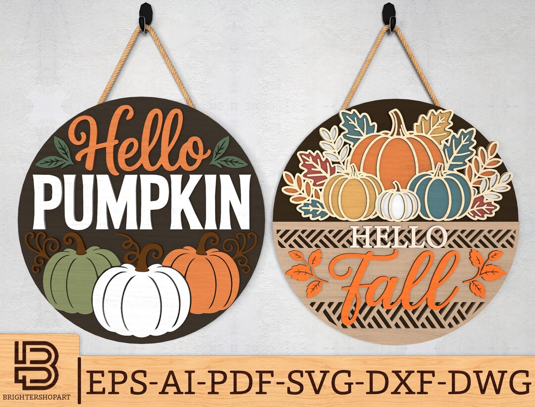 Hello Pumpkin Hello Fall Door Hanger SVG Bundle, Layered Fall Door Sign ...