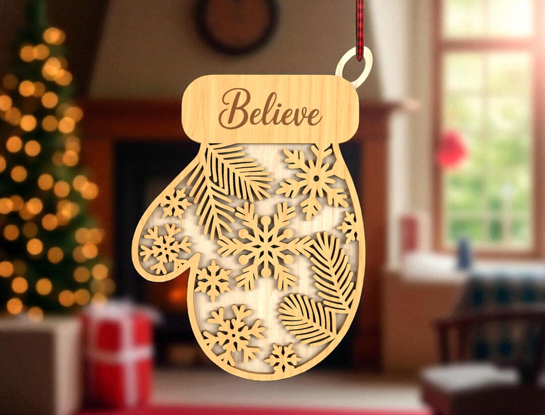 Believe Mitten Ornament Cut File Svg, Snowflakes & Pine Branch ...