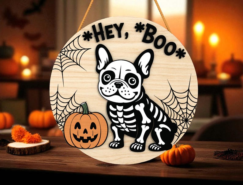 Hey Boo Dog Skeleton Door Hanger SVG, Halloween Bulldog Sign SVG, Cute ...