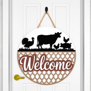 Welcome Farm Animal Door Sign SVG, Cow Herd Barn Door Hanger Laser Cut ...