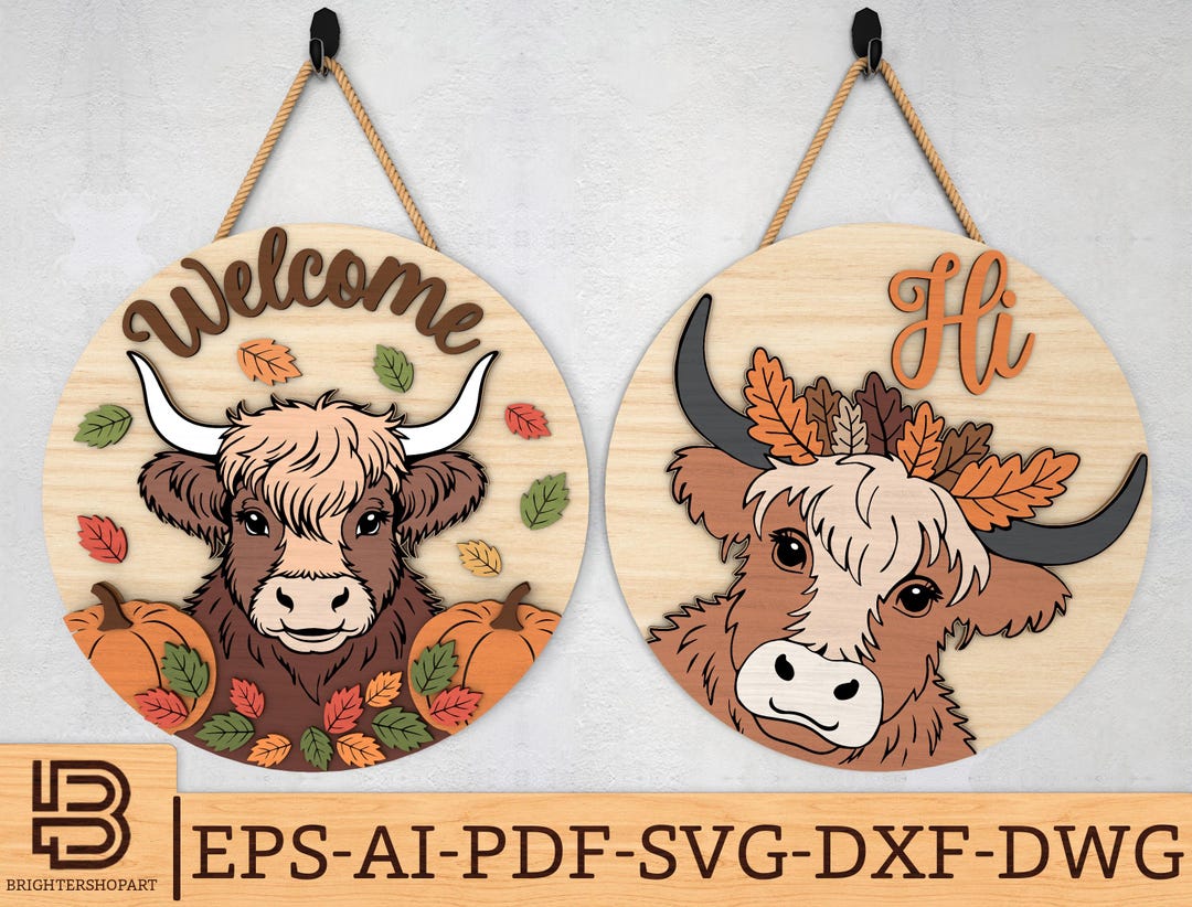 Fall Highland Cow Door Sign SVG Bundle, Welcome Autumn Cow Round Sign ...