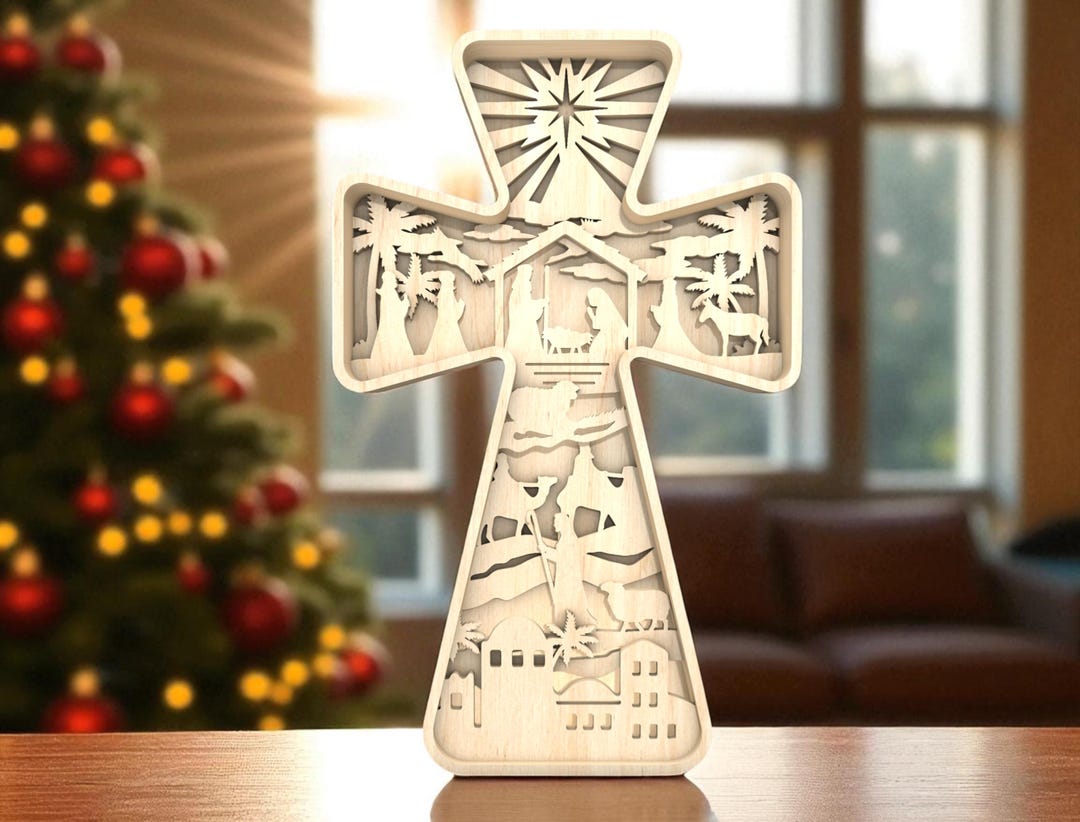 Cross Nativity Scene Glowforge File, Religious Christmas Cross Laser ...