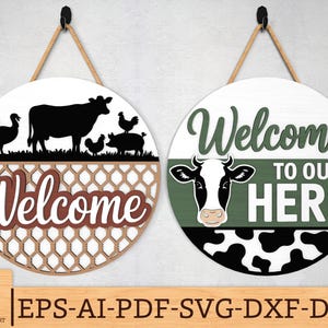 Welcome Farm Animal Door Sign SVG, Cow Herd Barn Door Hanger Laser Cut ...