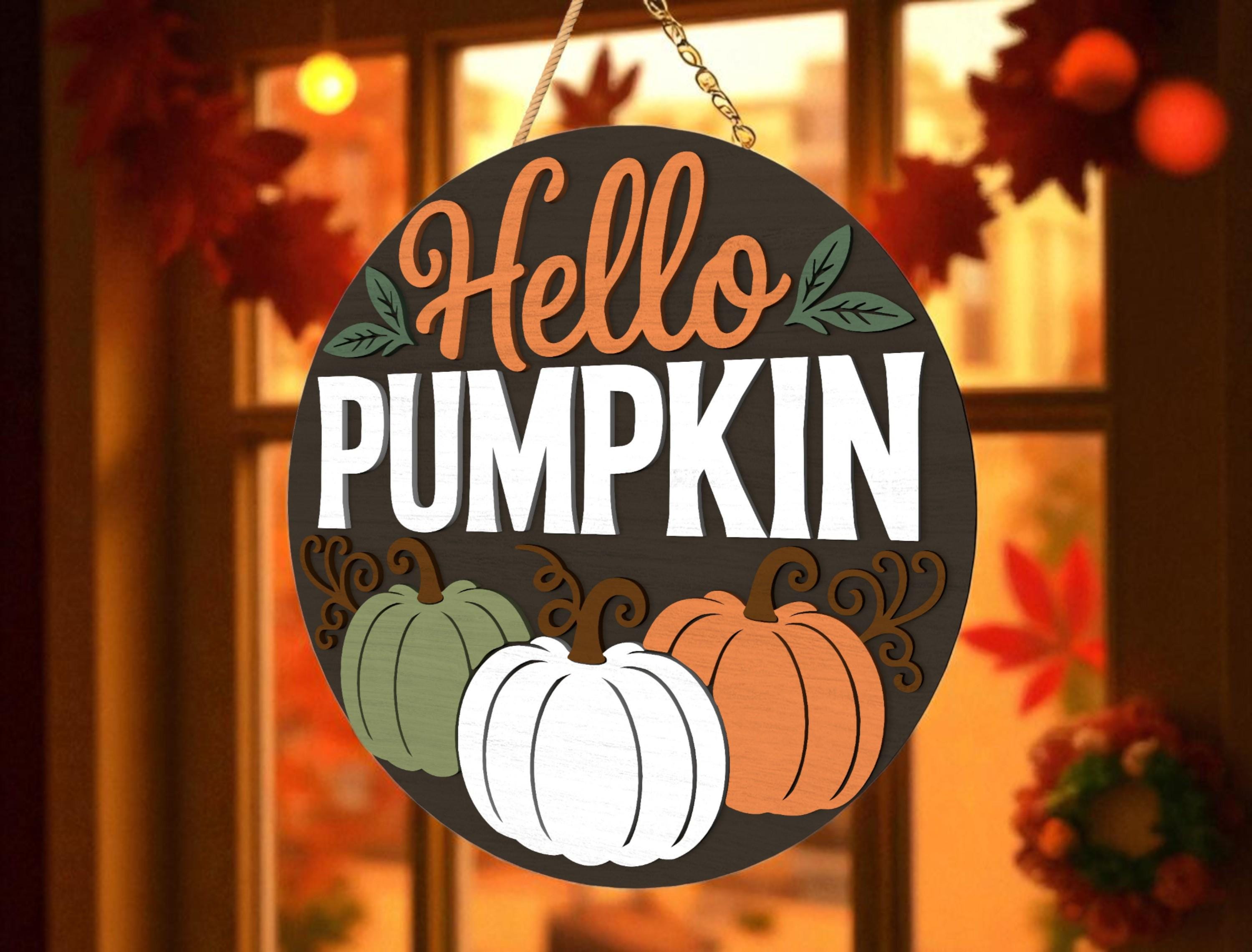 Hello Pumpkin Door Sign Cut File, Fall Wooden Round Sign, Farmhouse ...