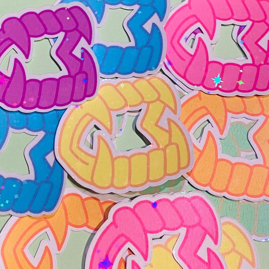 Plastic Vampire Teeth | Holo Star Glitter | Vinyl Sticker Decal - Etsy