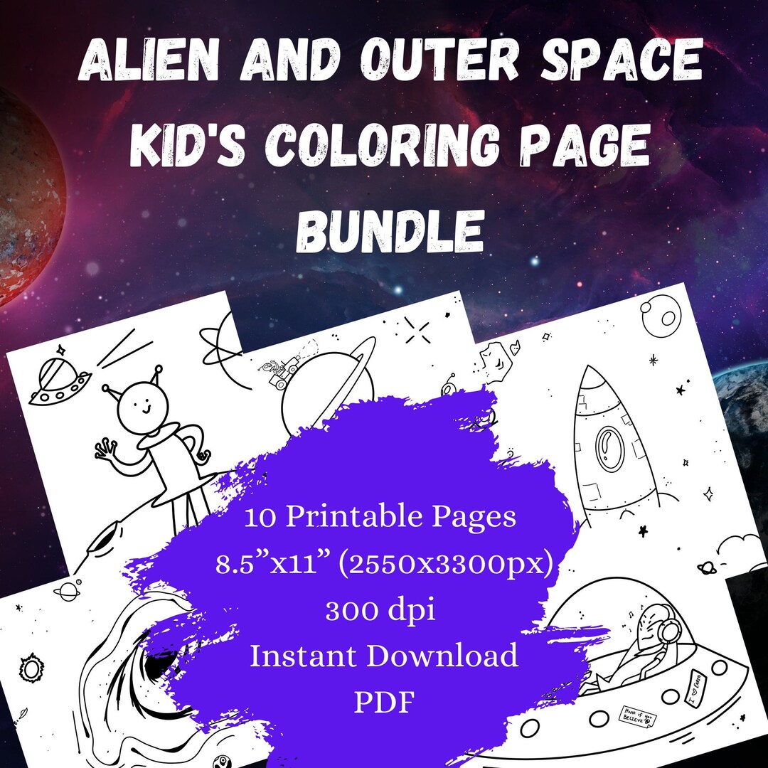Alien/outer Space Kid's Coloring Page Bundle, Instant Download Pdfs for ...