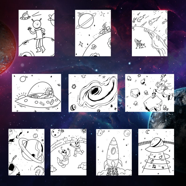 Alien/outer Space Kid's Coloring Page Bundle Instant | Etsy