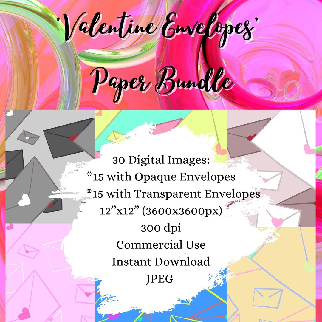Valentine Envelopes Design Digital Paper Bundle, 30 Individual Images ...