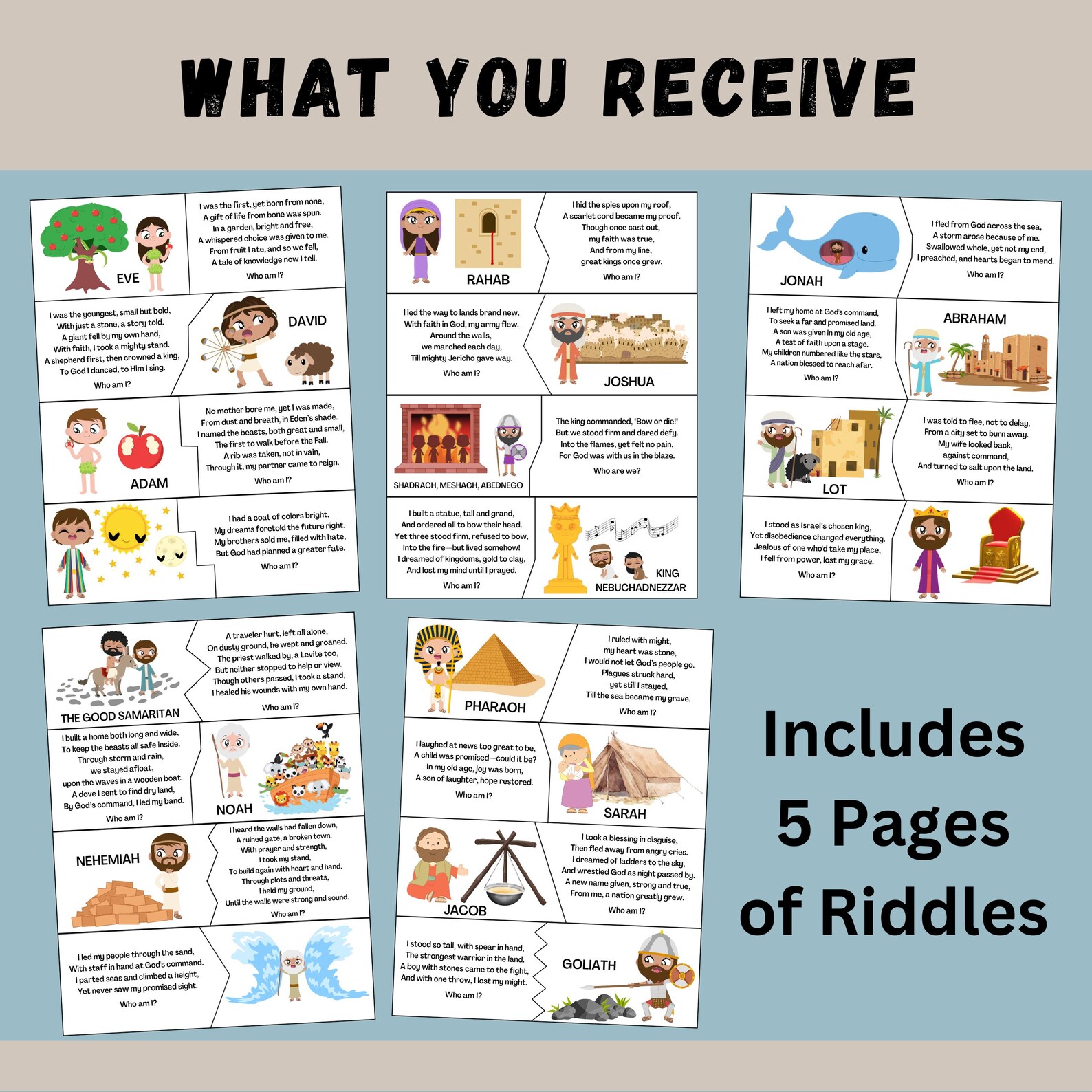 Bible Riddles | Biblical Characters Puzzle | Who Am I Game | Christian Printable Game | Sunday ...