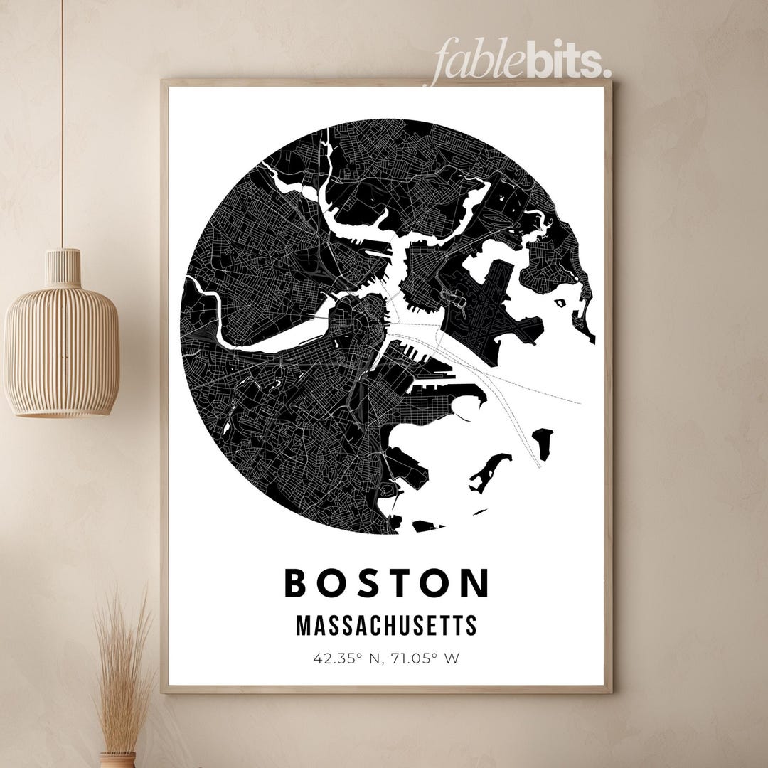 Boston City Map Print – Minimal Black and White Massachusetts Map Art ...
