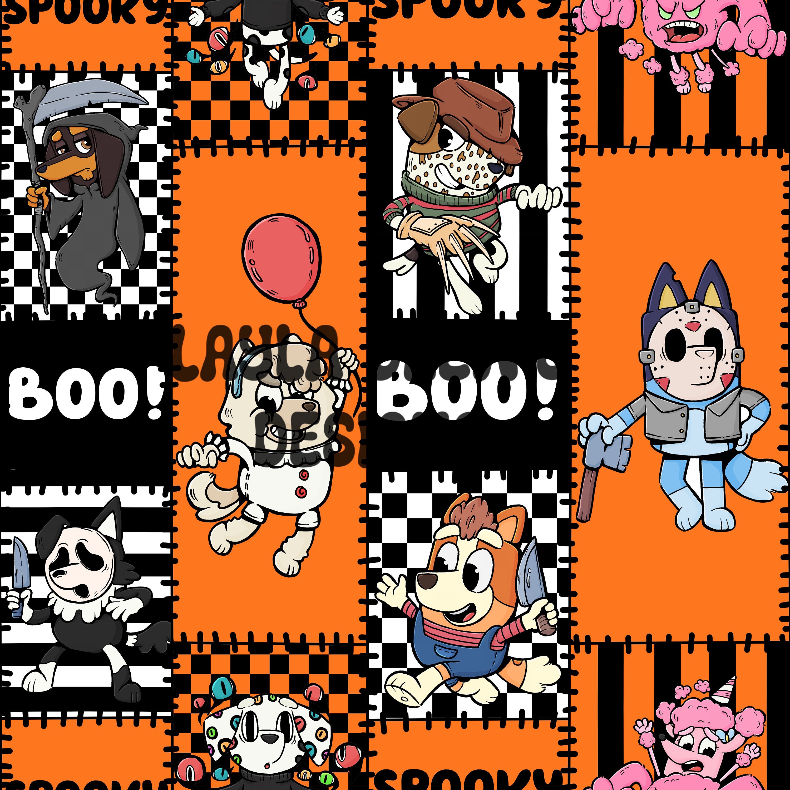 Bluey Horror Patchwork Seamless File Blue Dog Halloween Seamless Design ...