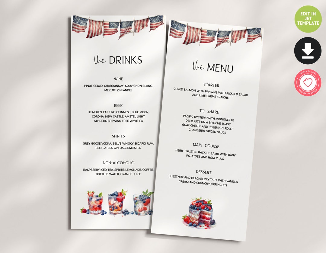 American Flag Menu Template, Patriot Event Menu, Menu for the 4th of ...