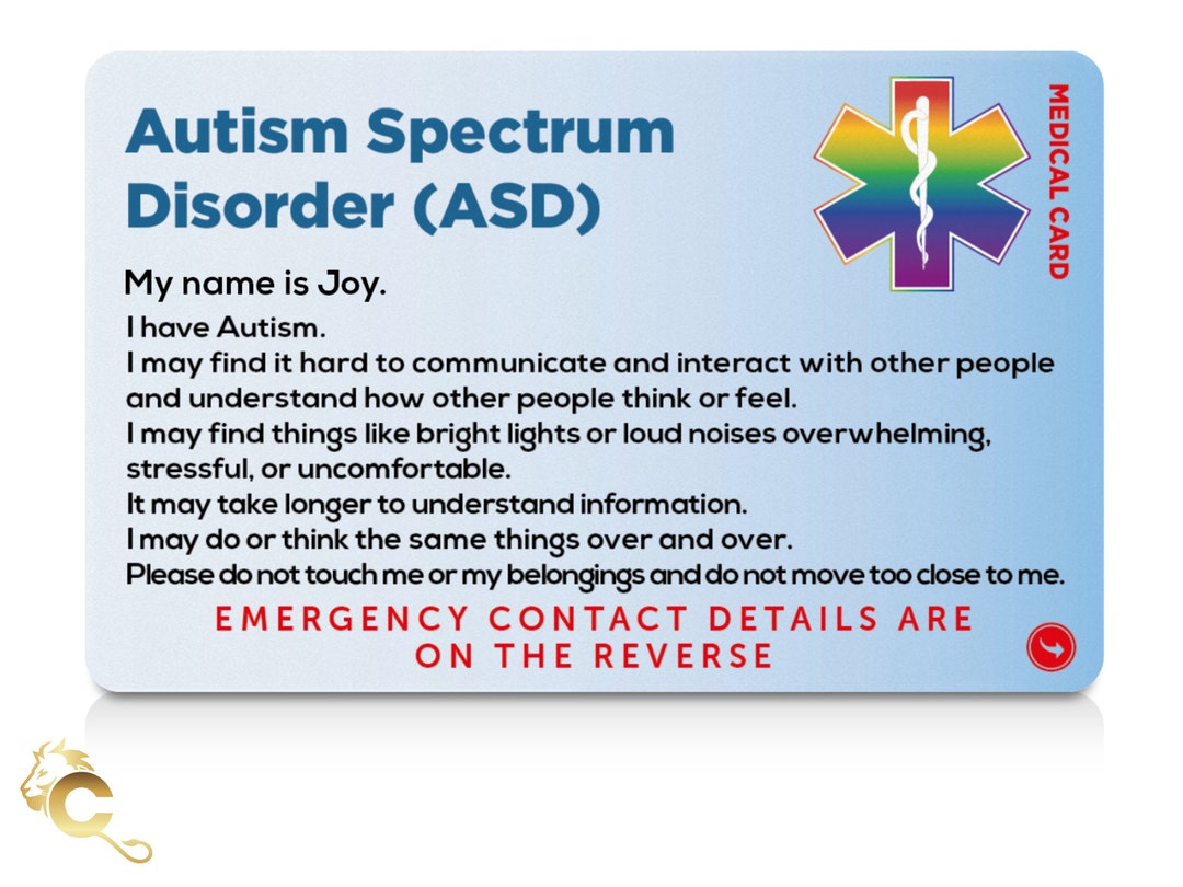 Autism Spectrum Disorder ASD Awareness Medical Alert Card Safety ...