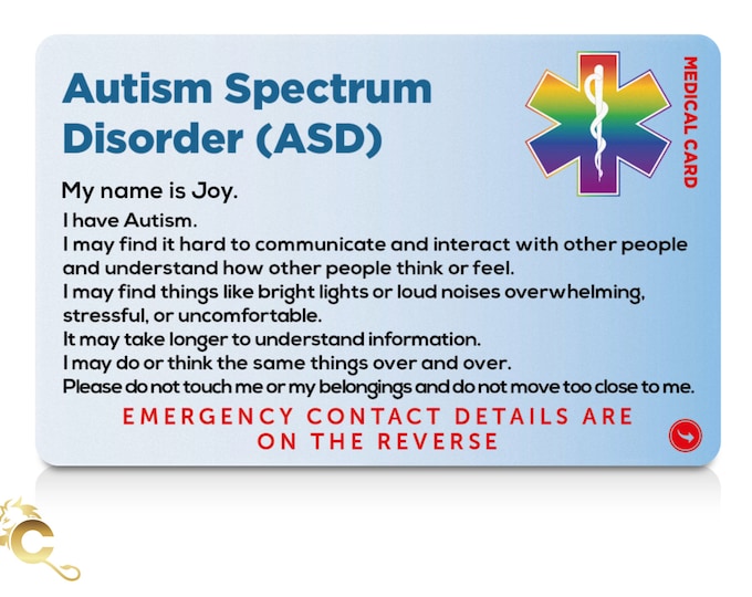 Autism Spectrum Disorder ASD Awareness Medical Alert Card Safety ...