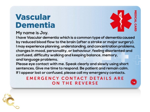Vascular Dementia Awareness Medical ID Card With Safety - Etsy