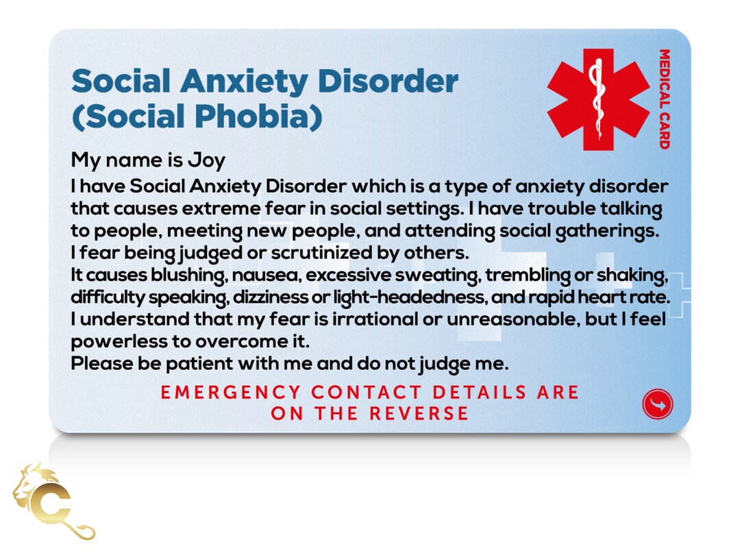 Social Anxiety Disorder social Phobia Awareness Medical ID Card ...