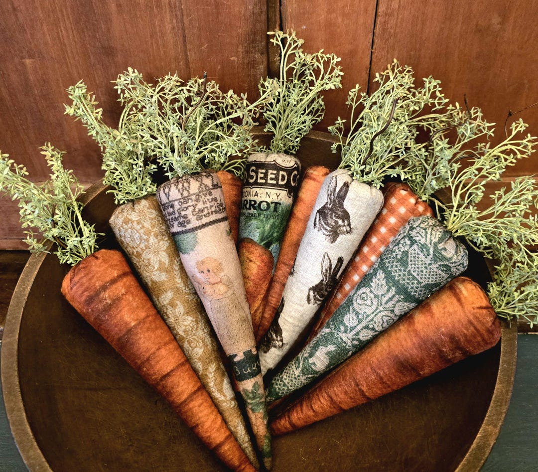Primitive Carrots, Antique Rabbit Fabric, Vintage Stuffed Carrots ...