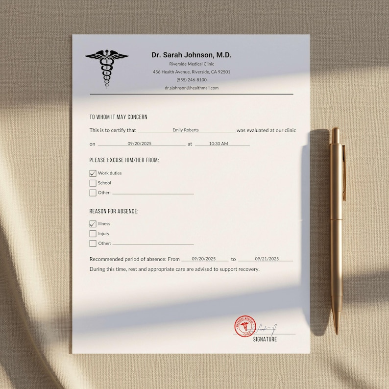 Printable Doctor Excuse Note Template. Urgent Care Excuse Letter. Editable Medical Excuse Note ...
